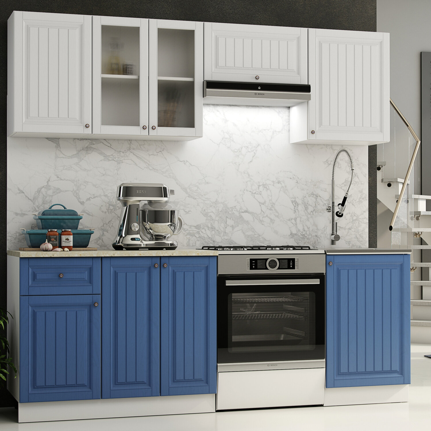 Кухонный гарнитур, готовый комплект Хозяюшка 2.1 метра Акация белая/Деним.