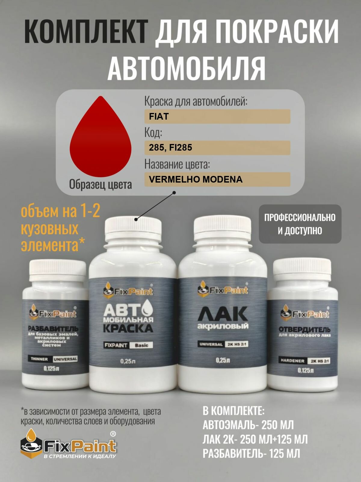 Комплект для покраски FIAT, код 285, 285/A, ROSSO CORSA, базовая автомобильная эмаль 250 мл, лак 2K 250 мл с отвердителем, разбавитель 125 мл, FixPaint Pro