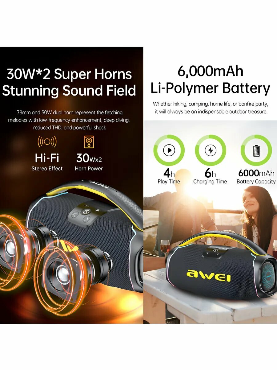 Портативная колонка Awei "KA16", защита от воды, Bluetooth, черная — фото 1