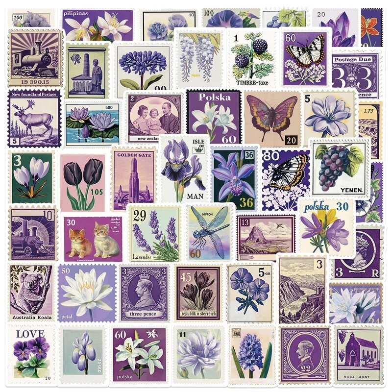 Винтажные фиолетовые наклейки-марки, 10PCS