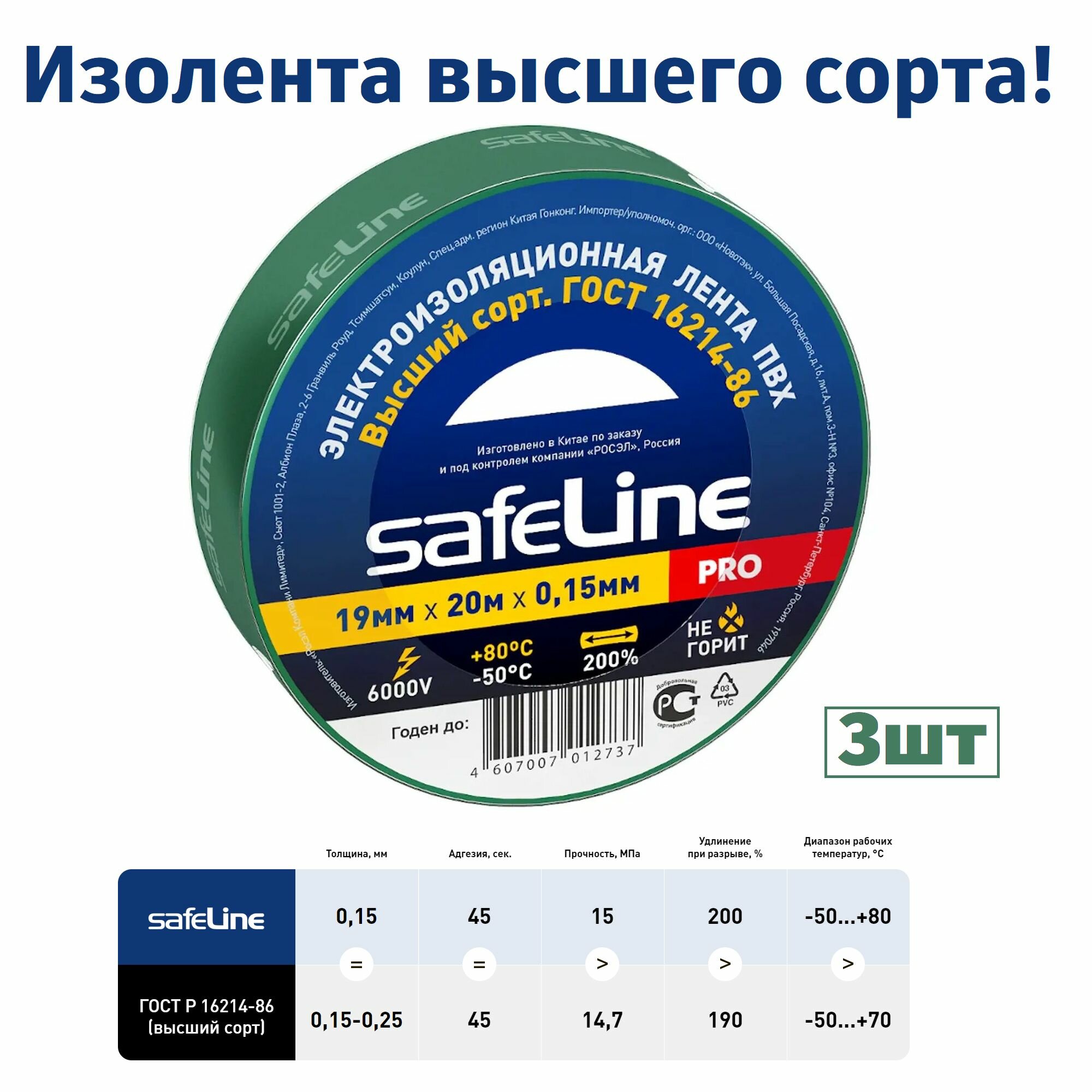 Изолента ПВХ 19мм х 20м зеленая Safeline, 3шт