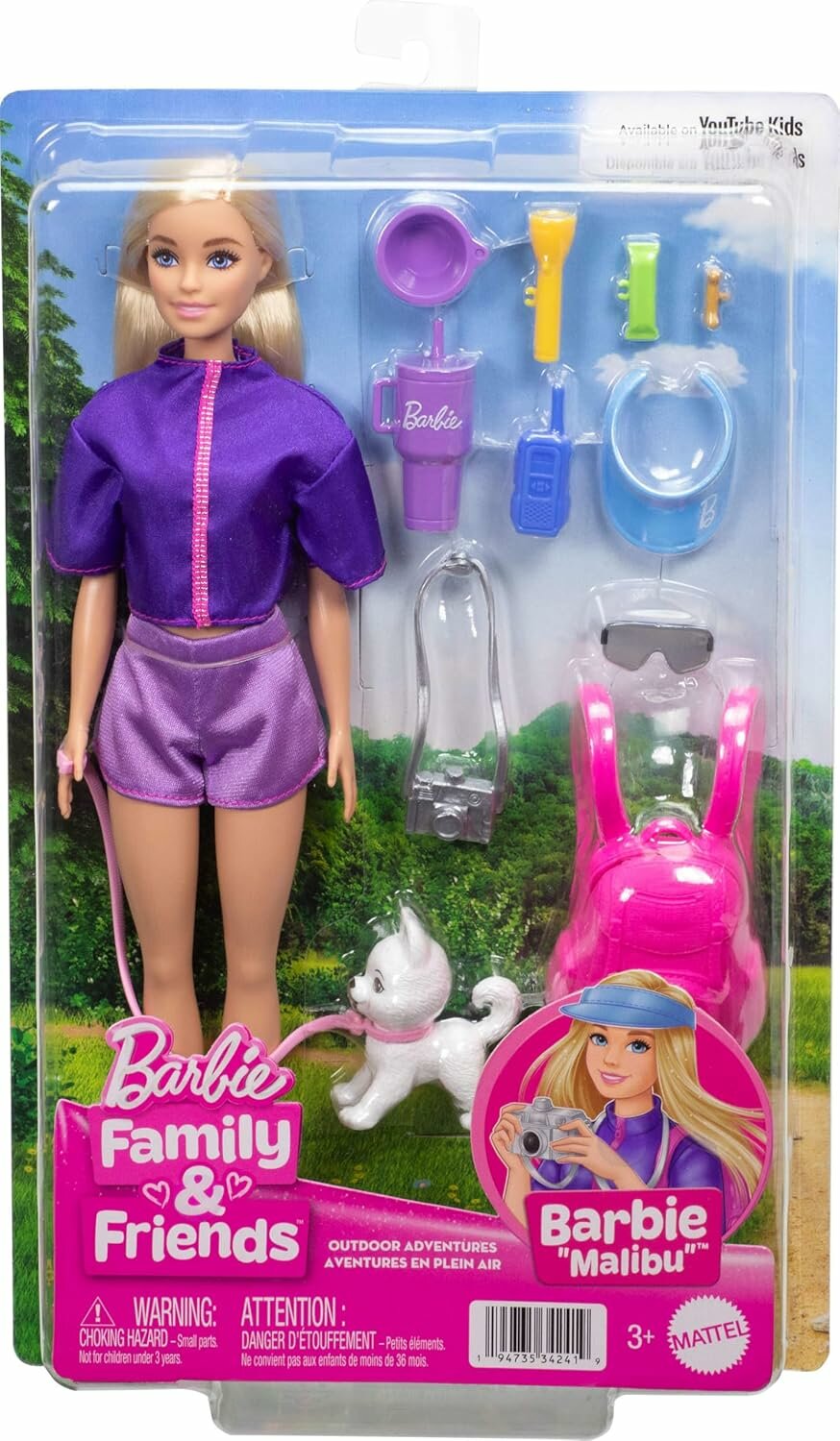 Кукла Mattel Barbie - Кукла Малибу + аксессуары для кемпинга и фигурка собаки - Барби JJV59