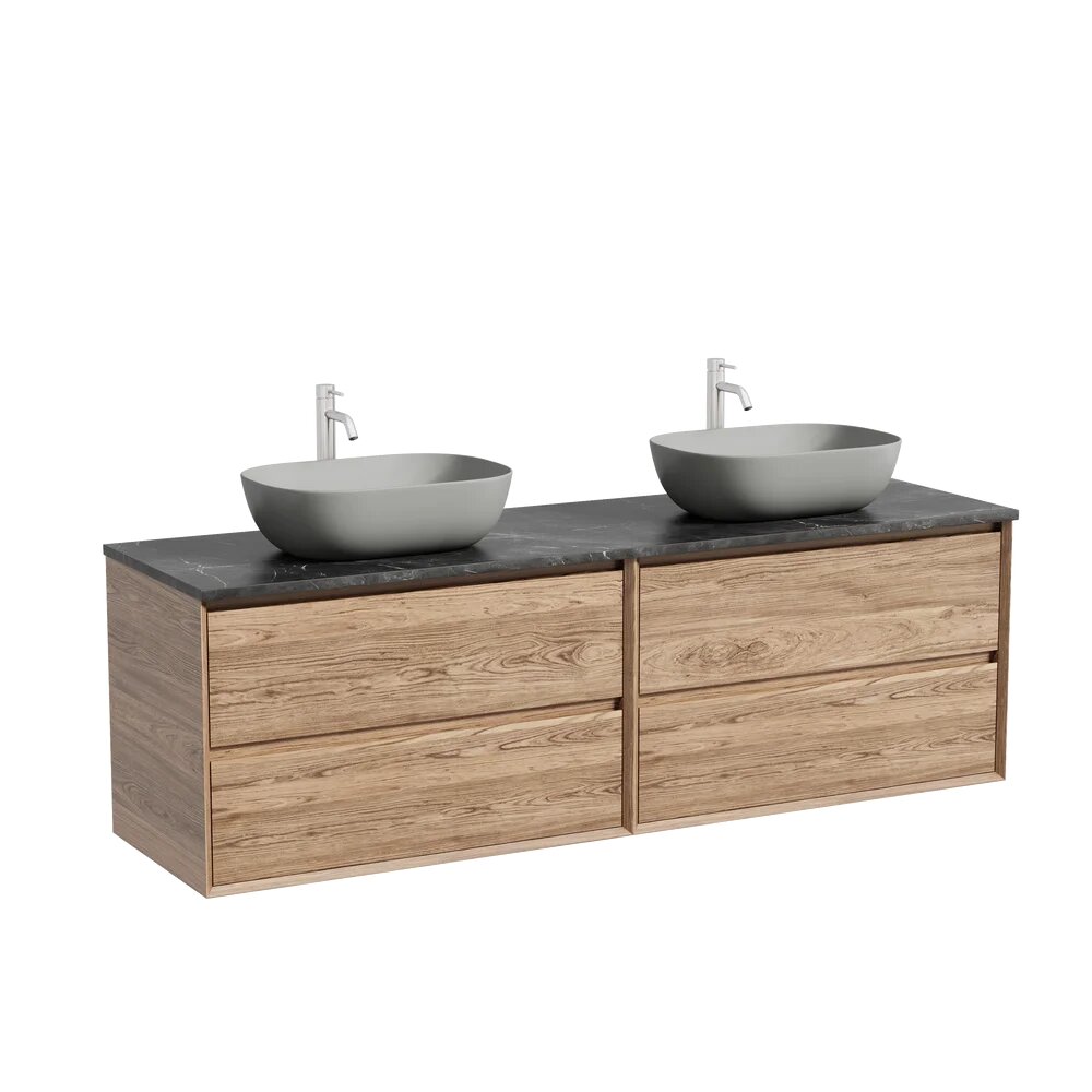 Тумба с раковиной Sancos Marmi 2.0 160 подвесная, 159 см, двойная, со столешницей, светлое дерево, матовая, из ЛДСП, с ящиками, раковина для ванной, фарфоровая, прямоугольная