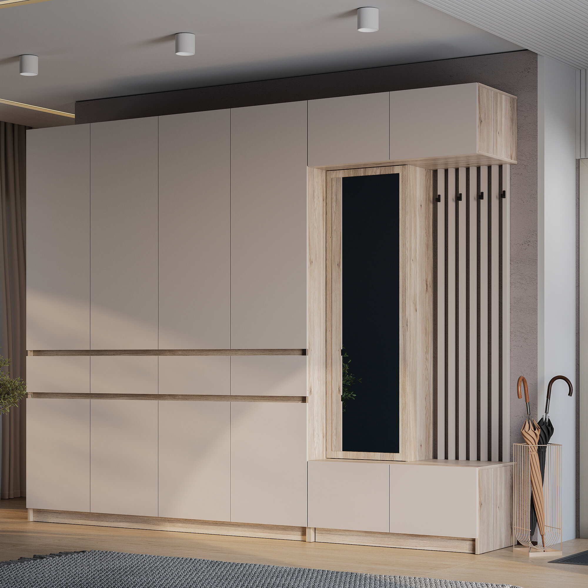 Прихожая Багира. 3 метра. С зеркалом. Модульная. Дуб Смоки/Кашемир.