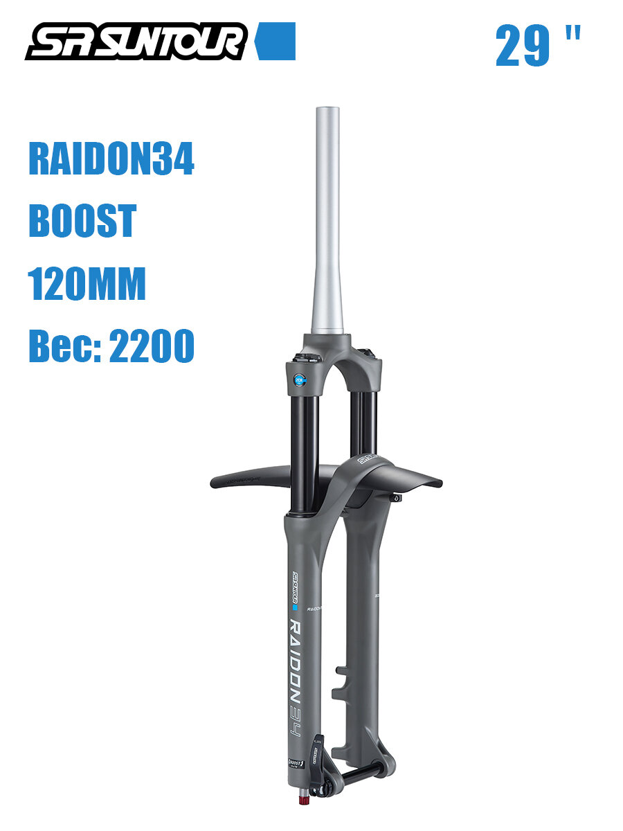 SR SUNTOUR RAIDON34, передняя вилка для горного велосипеда с пневматической подвеской, 110x15 мм, коническая, 29 дюймов (ручная), ход 120 мм-серый