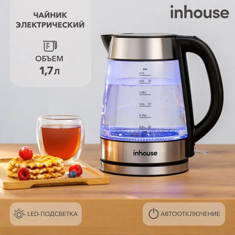 Чайник электрический inhouse IEK-1722 (2200 Вт, 1,7 л) прозрачный