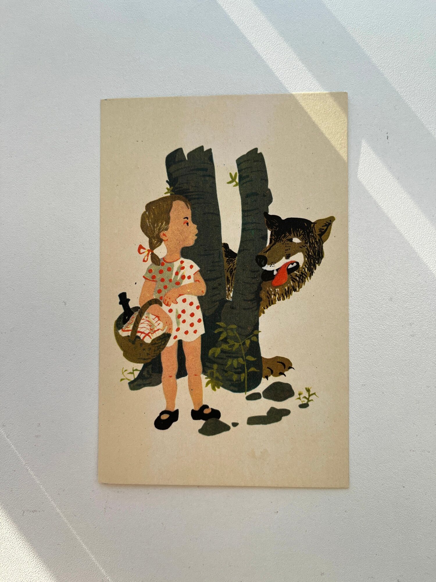 Винтажная открытка "Девочка и волк". Художник Bognar Magda. Издана в 1950-х годах в Венгрии