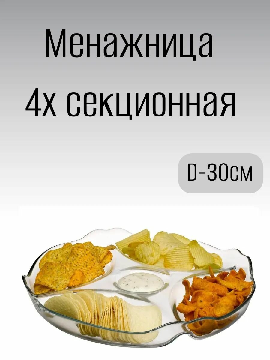 Менажница Pasabahce "Basic", 4 секции, 30 см, стекло, для посудомойки, бесцветная