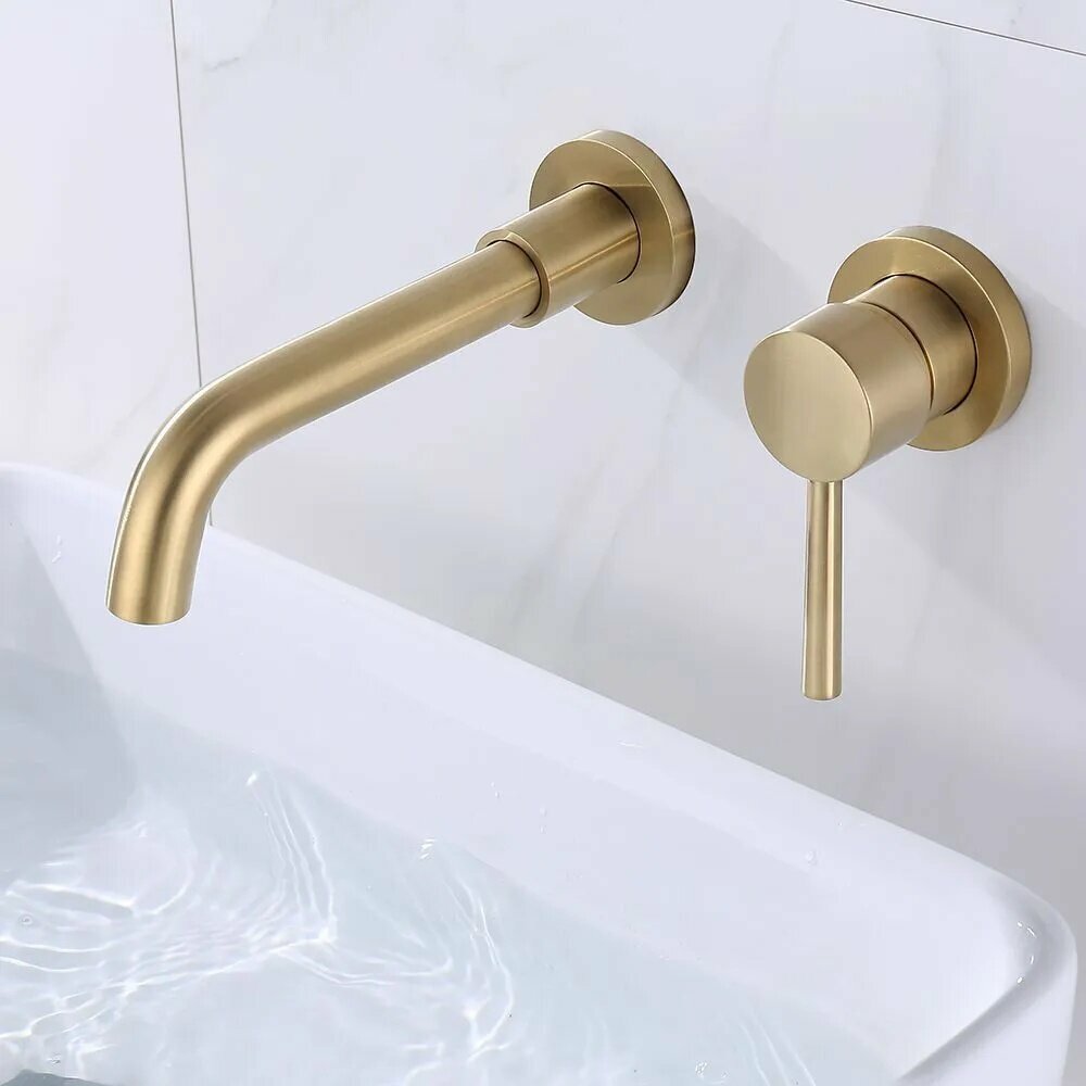 Встраиваемый смеситель для раковины/умывальника, настенный, латунь, поворотный излив, однорычажный, матовое золото