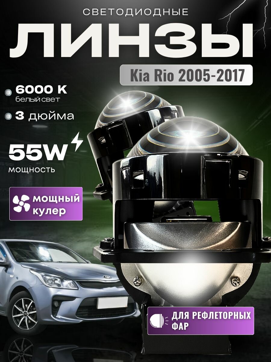 Би лед линзы 3 дюйма для Kia Rio 2005-2017 г. в. (на гайку), bi led линзы 3.0 в фары Киа Рио