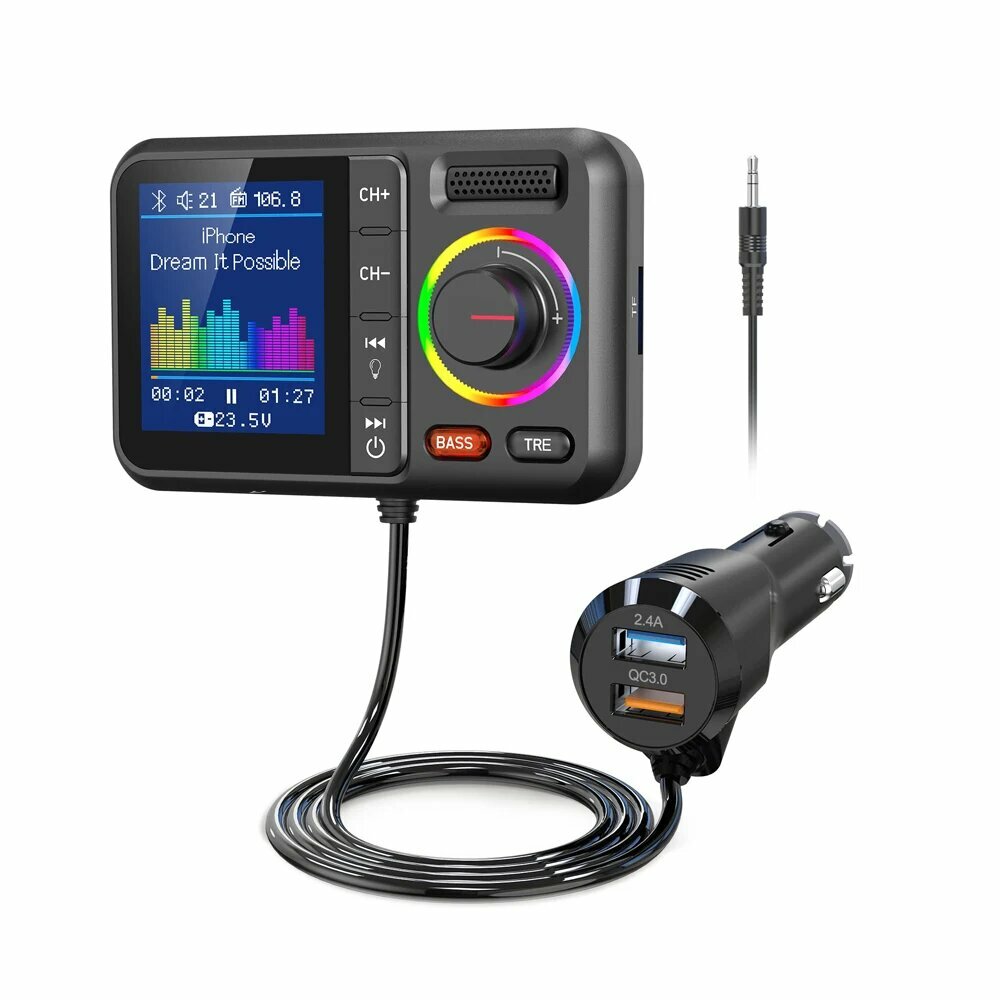 Беспроводной FM-передатчик 2,4 А QC3.0 Dual USB Быстрая зарядка Громкая связь Автомобильный AUX-адаптер Музыкальный MP3-плеер с большим цветным экраном