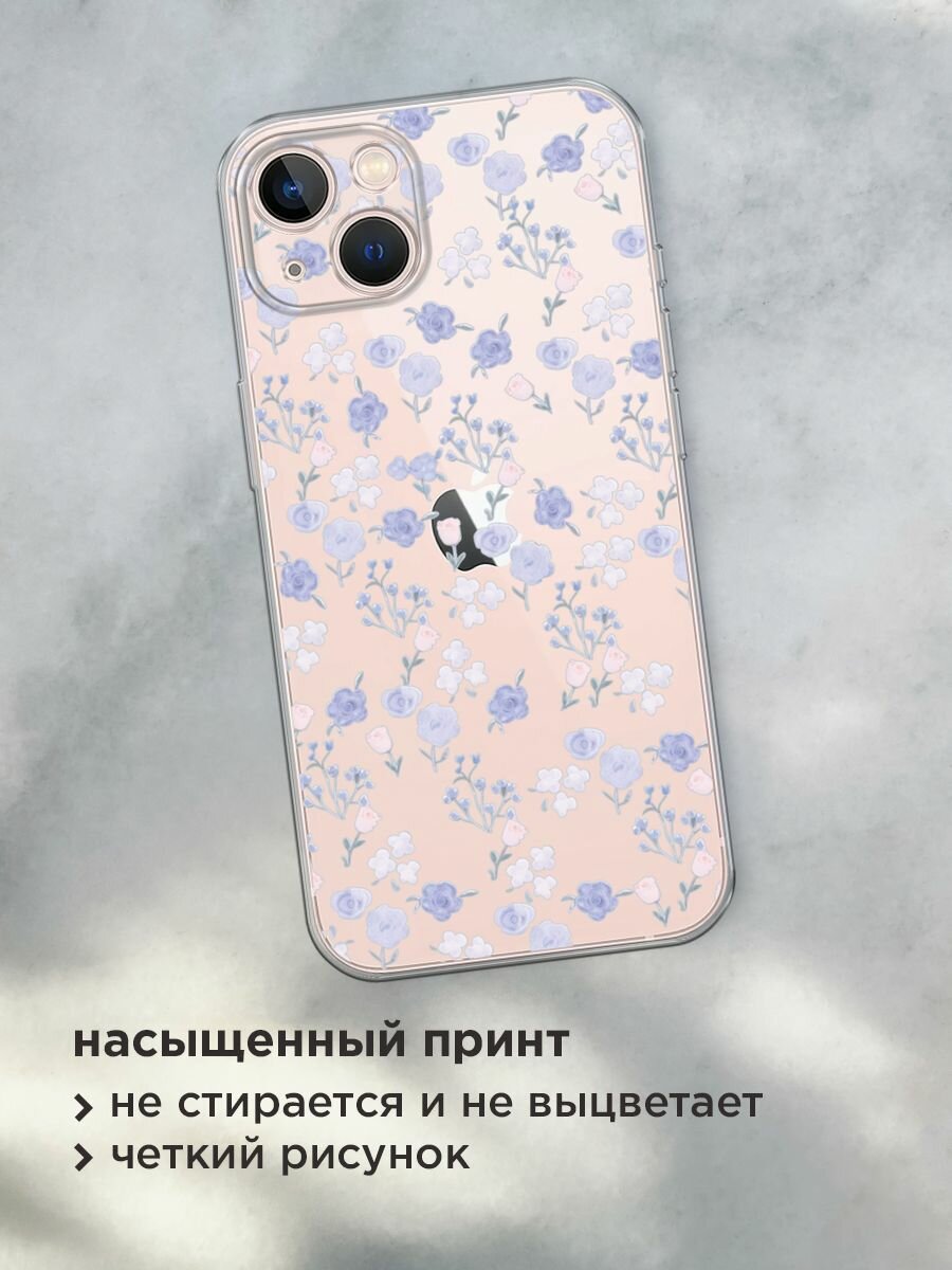 Чехол на Apple iPhone 13 / Айфон 13 с принтом "Сиреневые розы паттерн", прозрачный — фото 1