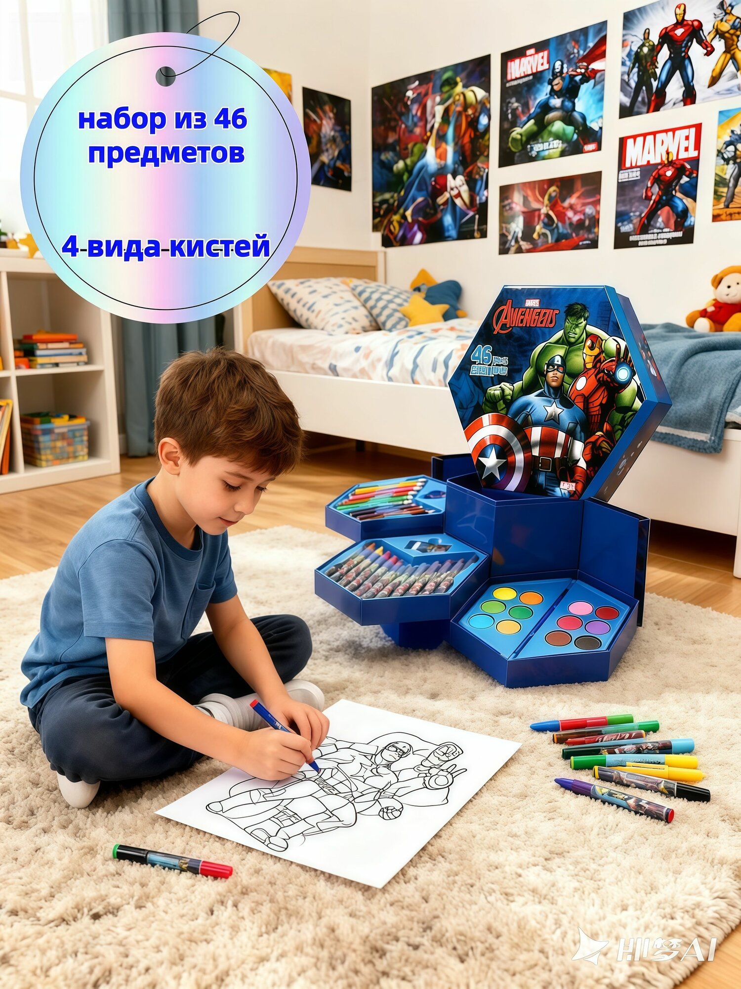Набор для рисования для детей 46 предметов 4 кисти, краски, фломастеры, складной пенал, арт-набор для творчества