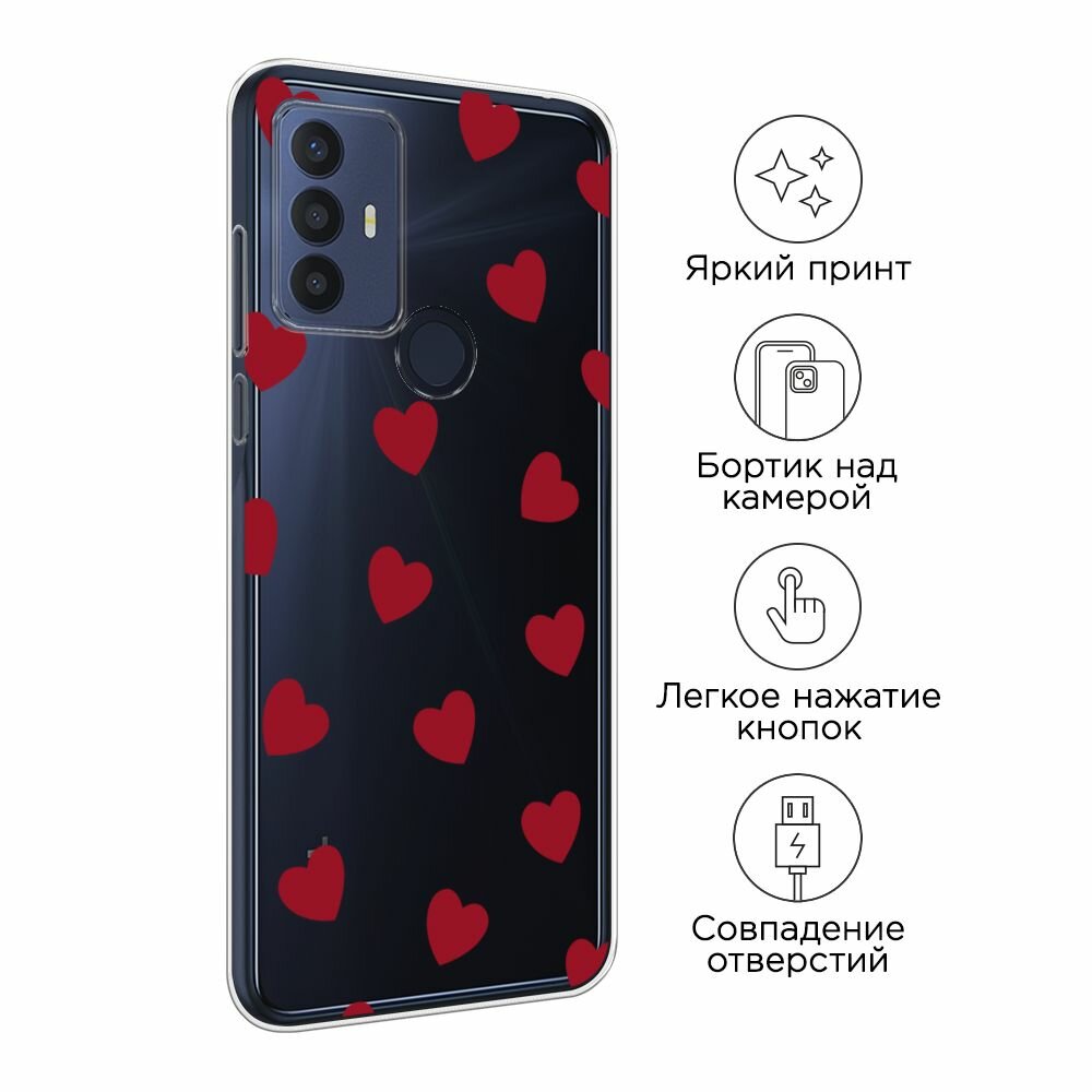 Чехол на TCL 30E/30 SE/305/306 / ТСЛ 30E с принтом "Бордовые сердечки паттерн - 14 февраля", прозрачный — фото 1