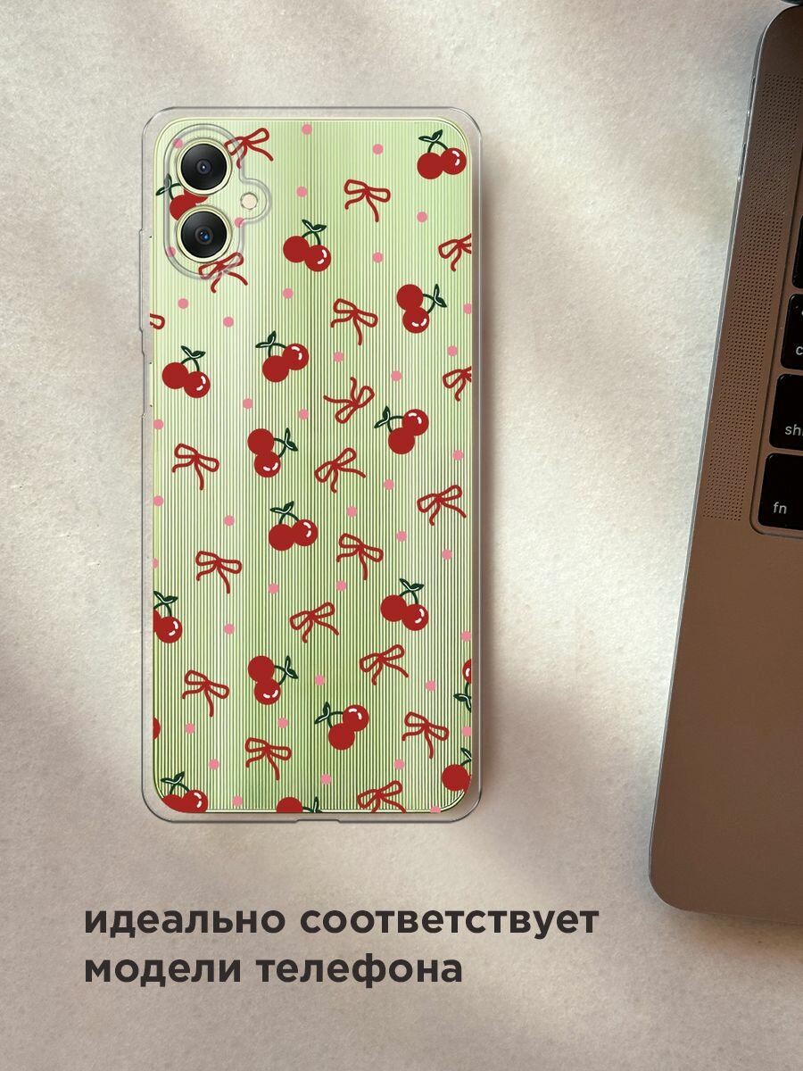 Чехол на Samsung Galaxy A06 / Самсунг Галакси А06 с принтом "Вишни и ленточки", прозрачный — фото 1