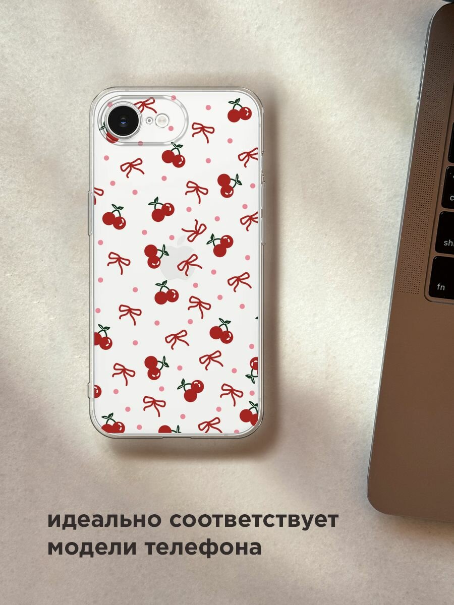 Чехол на Apple iPhone 16e/17e / Айфон 16е/17e с принтом "Вишни и ленточки", прозрачный — фото 1