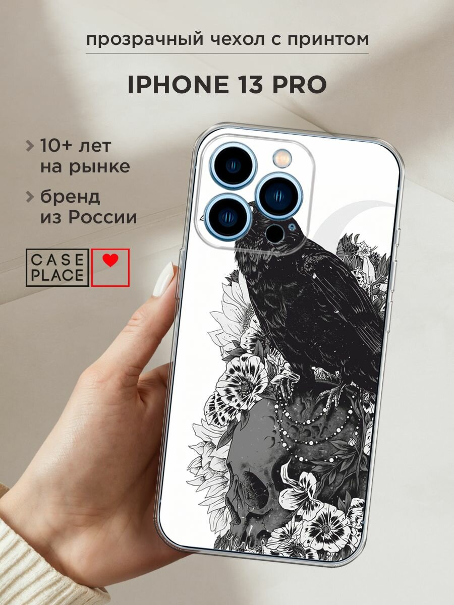 Чехол на Apple iPhone 13 Pro / Айфон 13 Про с принтом "Череп и ворона 1"