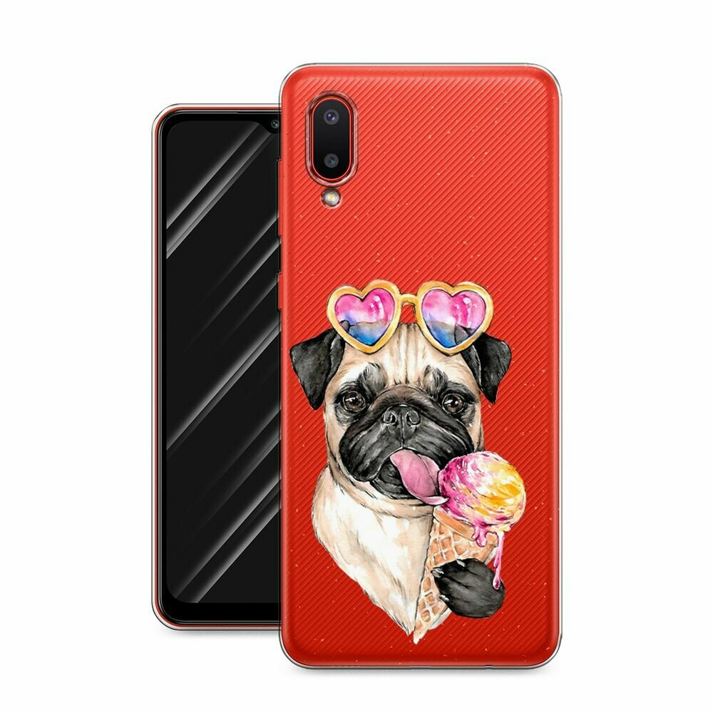 Чехол на Samsung Galaxy A02 / Самсунг Галакси А02 с принтом Мопс с мороженкой, прозрачный — фото 1
