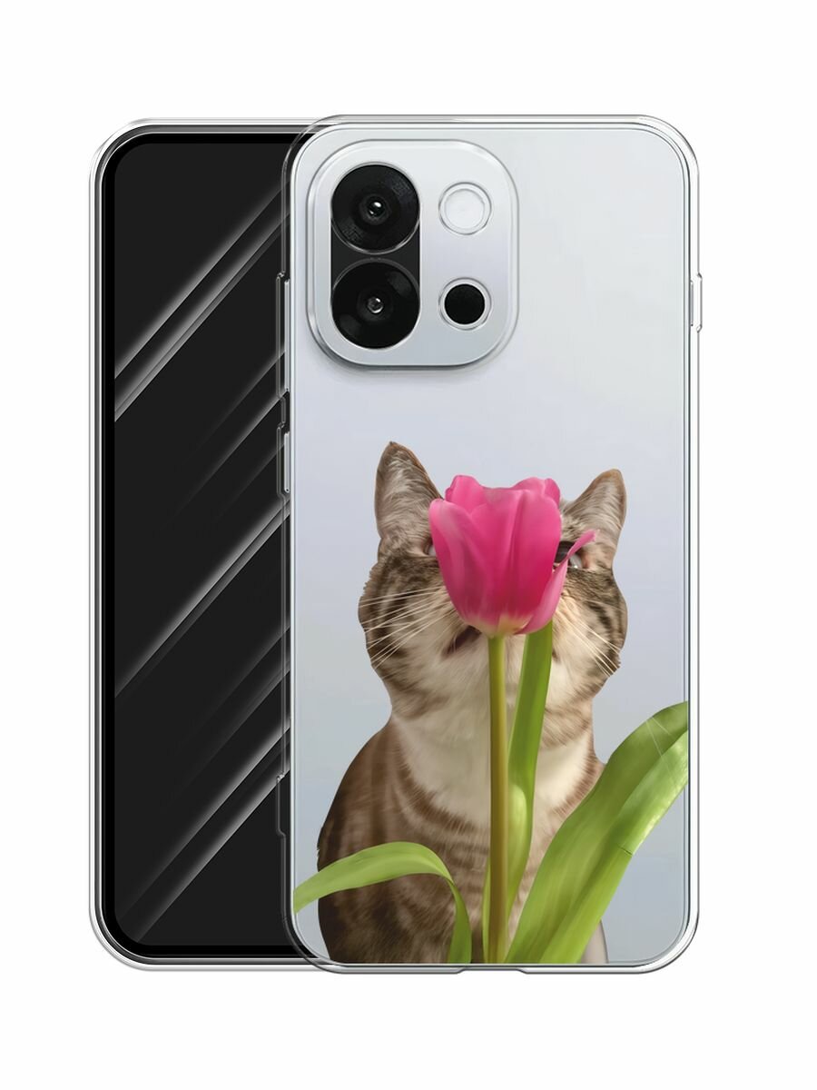 Чехол на OnePlus 13T / Ван Плас 13Т с принтом "Кот с тюльпаном - 8 марта", прозрачный — фото 1