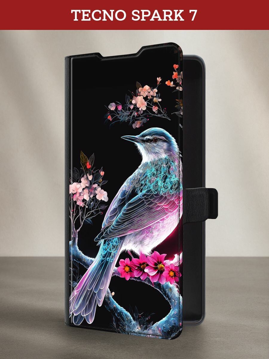 Чехол-книжка на Tecno Spark 7 / Текно Спарк 7 с рисунком "Птица на цветущем дереве"
