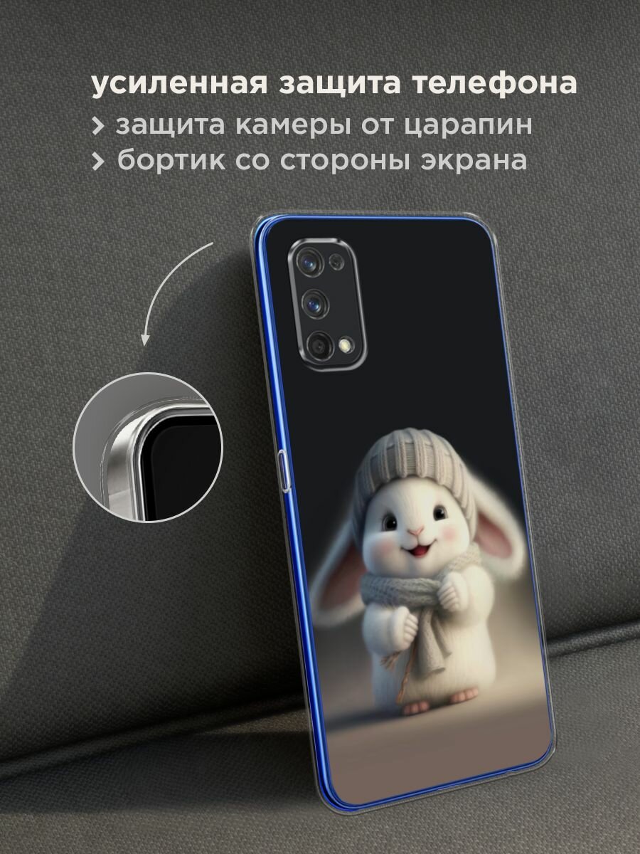 Чехол на Realme 7 Pro / Реалми 7 Про с принтом "Белый крольчонок в шапке" — фото 1