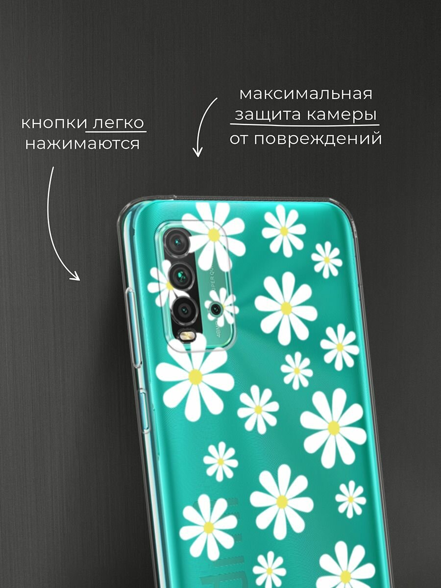 Чехол на Xiaomi Redmi 9T / Сяоми Редми 9Т с принтом "Большие ромашки", прозрачный — фото 1