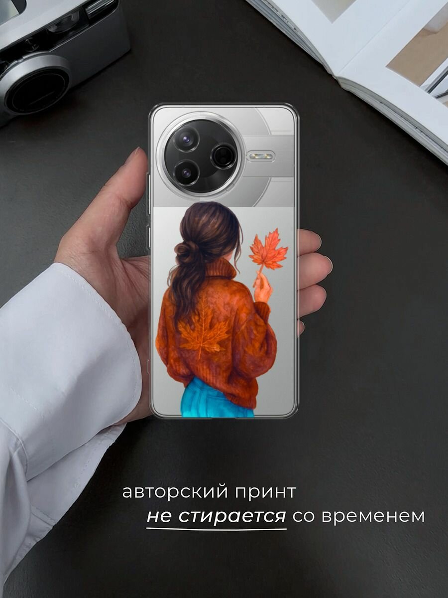 Чехол на Poco F7 Pro / Поко F7 Про с принтом "Девушка с опавшим листом", прозрачный — фото 1