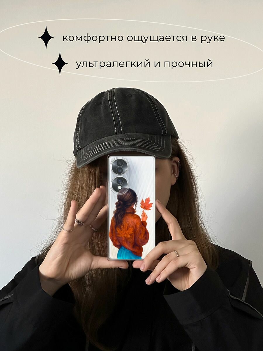 Чехол на Honor 70 / Хонор 70 с принтом "Девушка с опавшим листом", прозрачный — фото 1