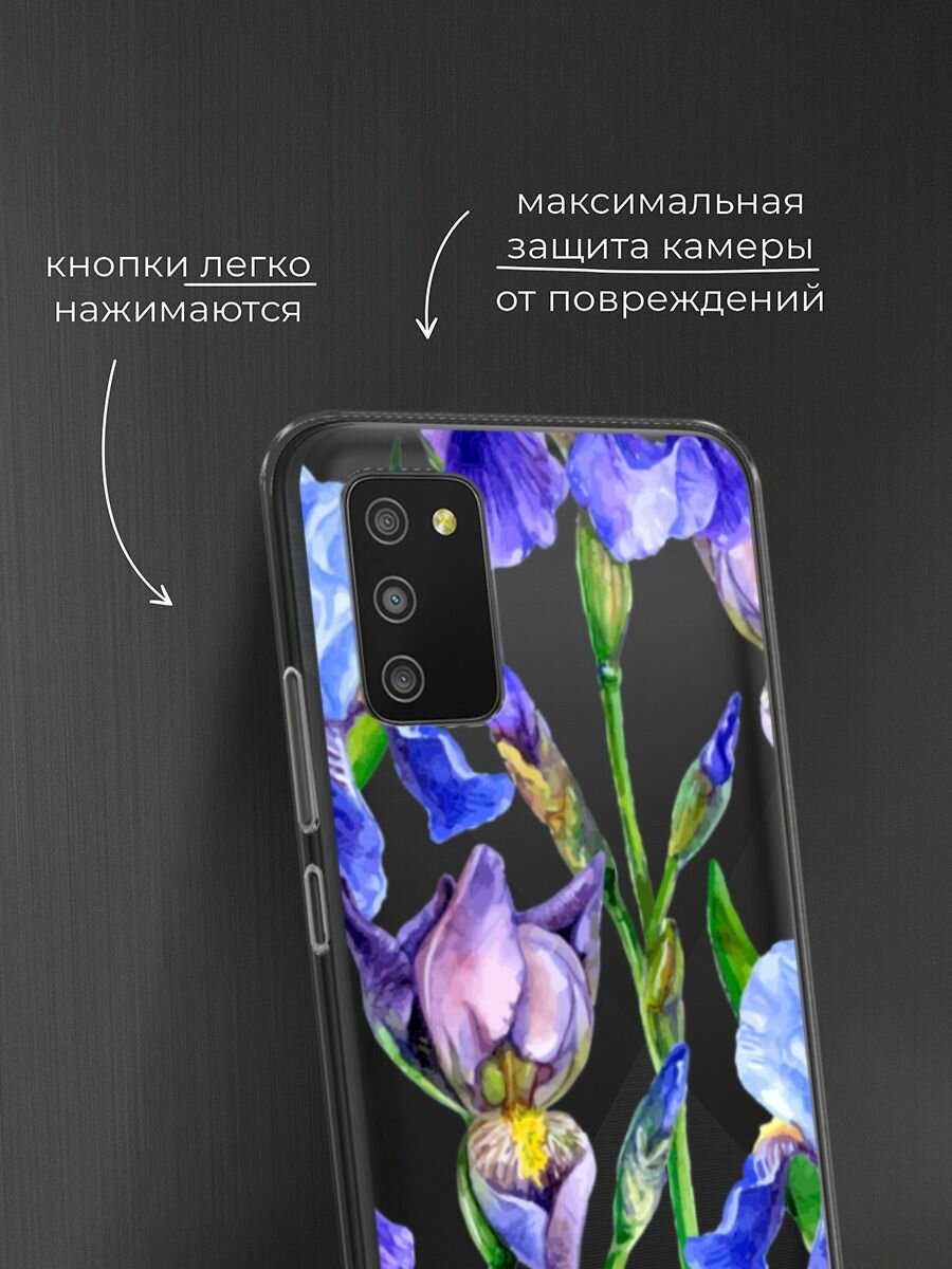 Чехол на Samsung Galaxy A02s / Самсунг Галакси A02s с принтом "Синие ирисы", прозрачный — фото 1