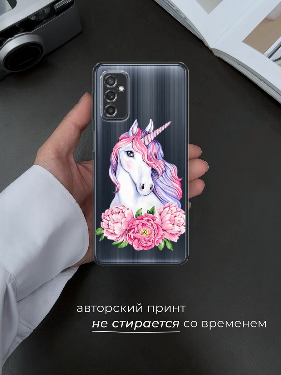 Чехол на Samsung Galaxy M52 / Самсунг Галакси M52 с принтом "Единорог с пионами", прозрачный — фото 1