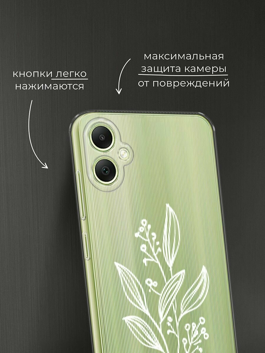 Чехол на Samsung Galaxy A05 / Самсунг Галакси A05 с принтом "Ветка с листочками и цветами", прозрачный — фото 1