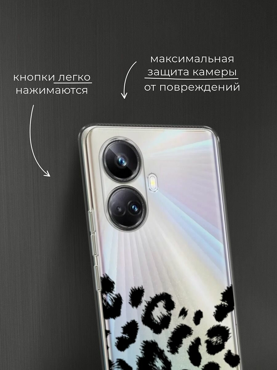 Чехол на Realme 10 Pro+ / Реалми 10 Про+ с принтом "Окрас леопарда фон черный", прозрачный — фото 1