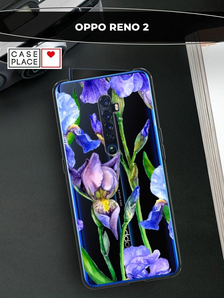 Чехол на Oppo Reno 2 / Оппо Рено 2 с принтом "Синие ирисы", прозрачный