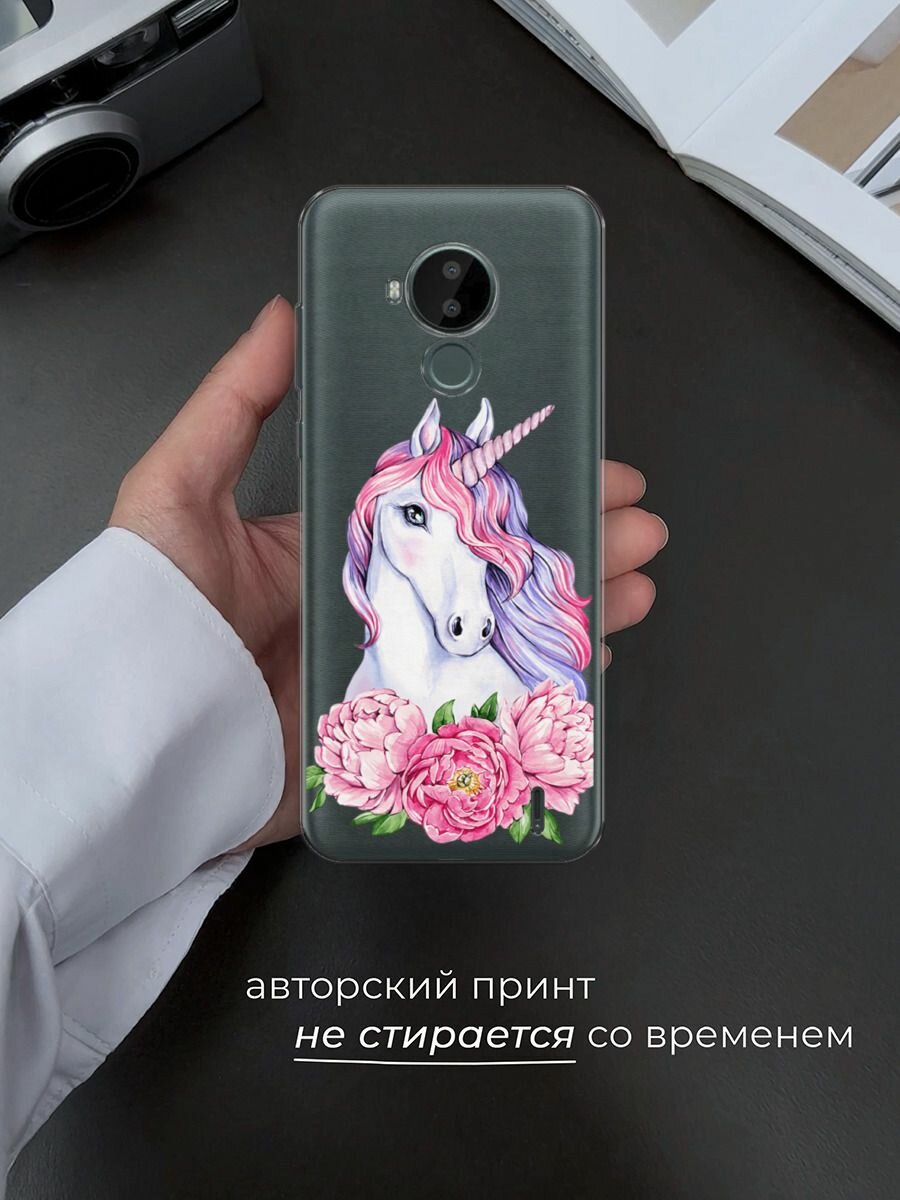 Чехол на Nokia C30 / Нокия C30 с принтом "Единорог с пионами", прозрачный — фото 1