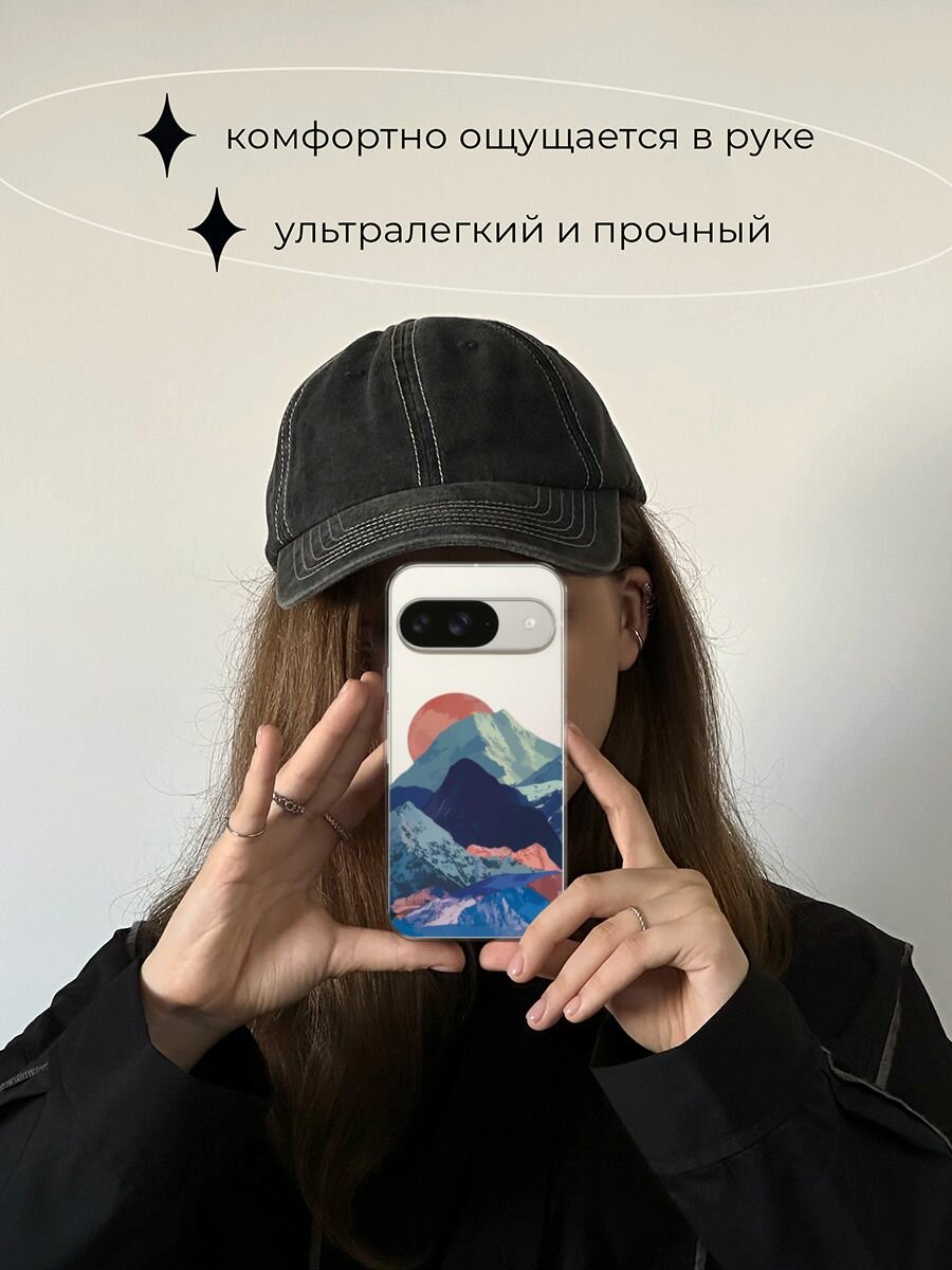 Чехол на Google Pixel 9 / Гугл Пиксель 9 с принтом "Закат в снежных горах", прозрачный — фото 1