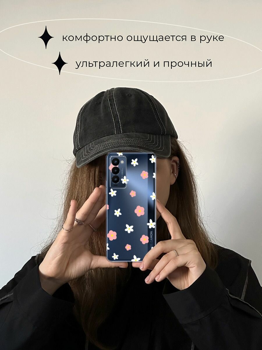 Чехол на Tecno Camon 18P / Техно Камон 18Р с принтом "Розовые и белые цветы", прозрачный — фото 1