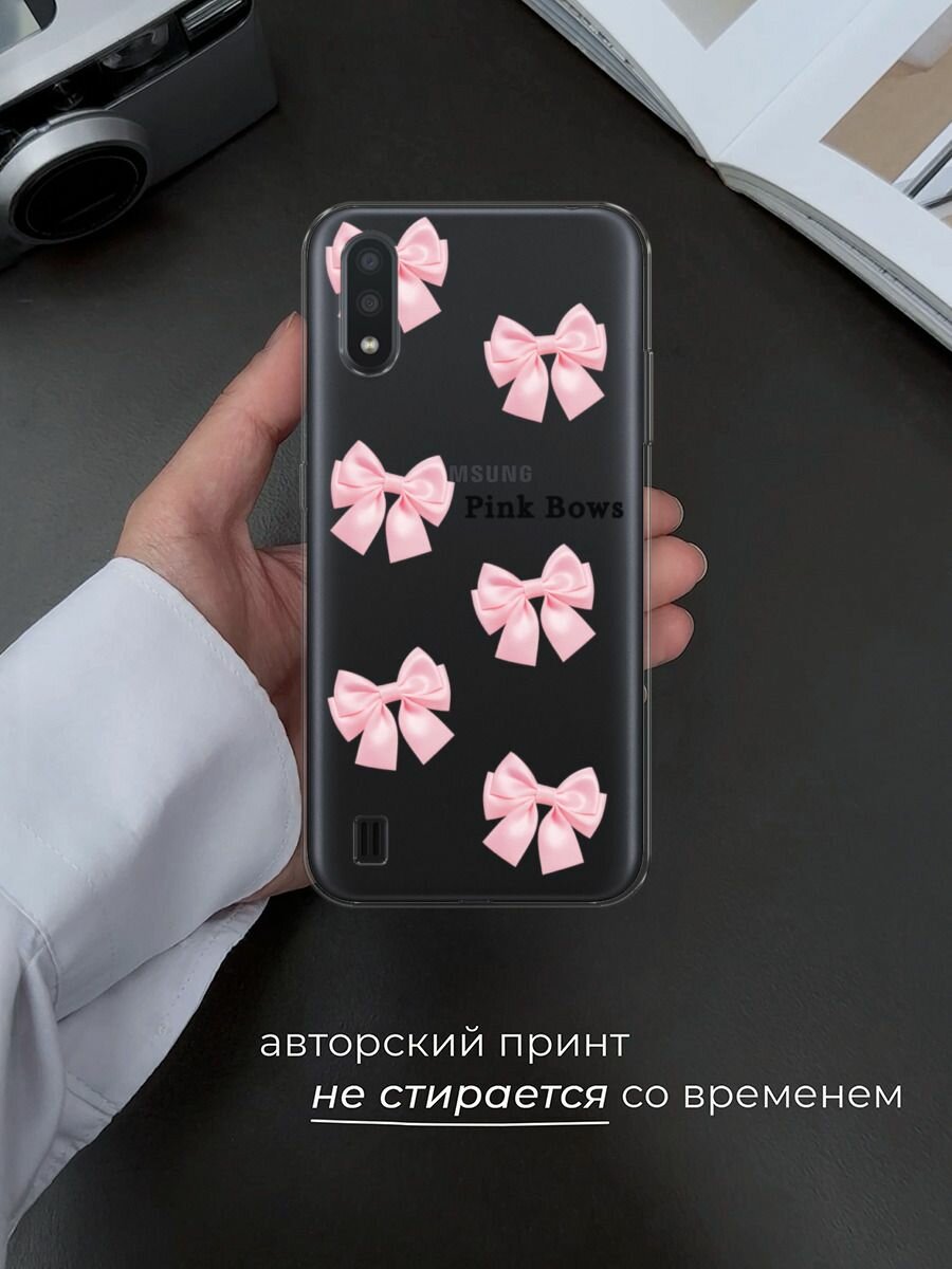Чехол на Samsung Galaxy A01 / Самсунг Гэлакси А01 с принтом "Pink Bows", прозрачный — фото 1
