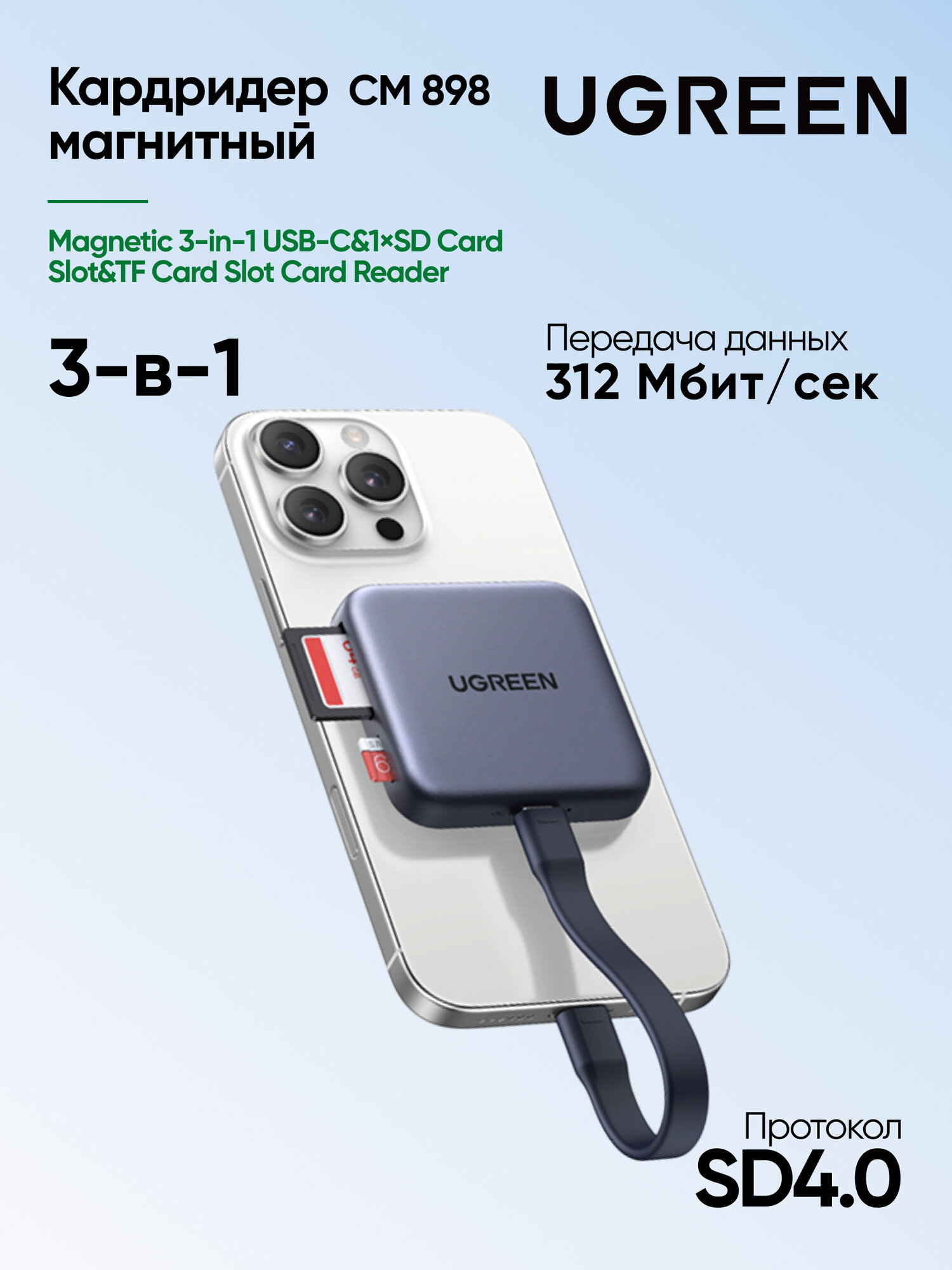 Кардридер магнитный 3-в-1 UGREEN CM898 (65095) USB-C & SD & TF. Цвет: серый космос