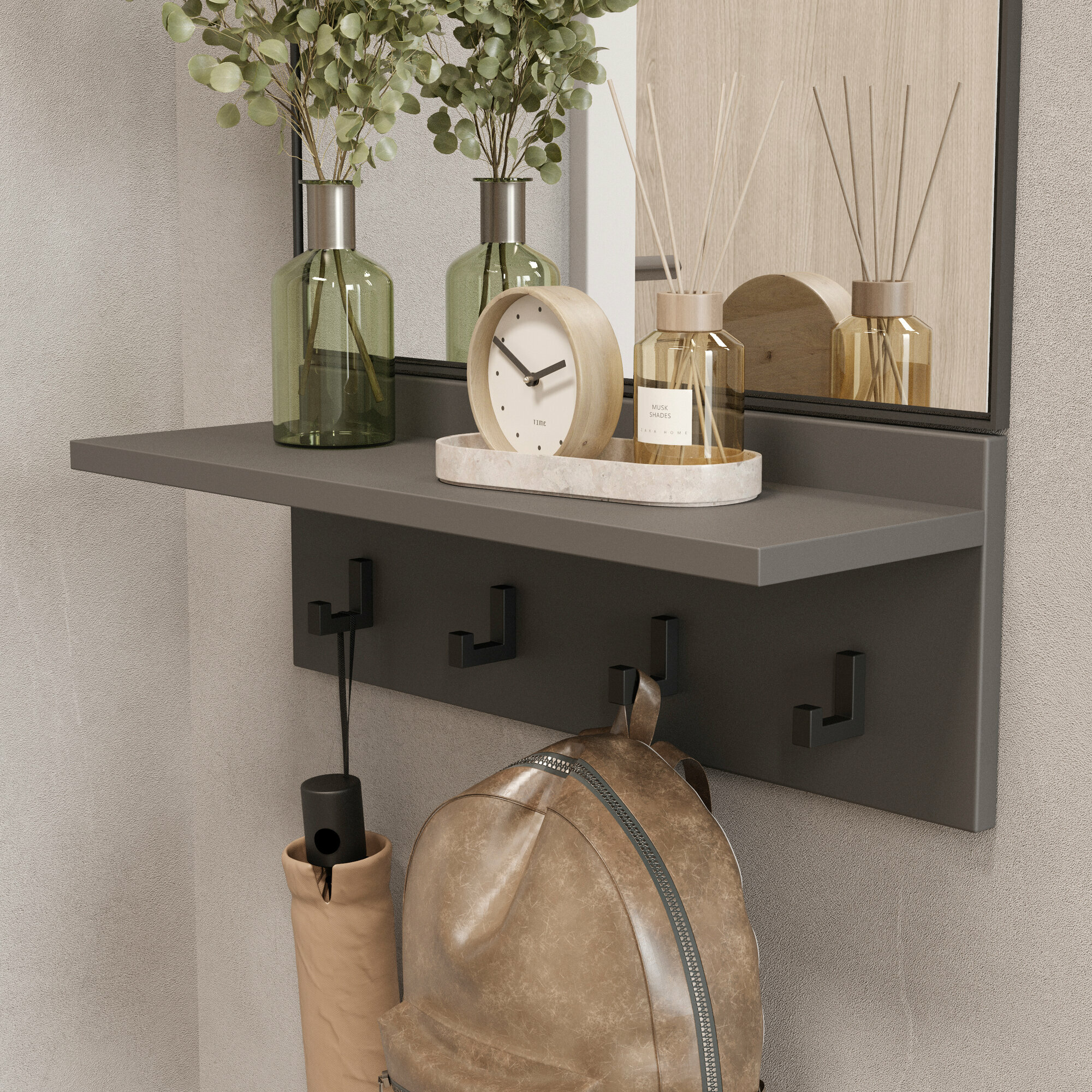 Вешалка настенная "Крафт", ЛДСП, графит, с полкой, 18х50х16 см, Мебельно