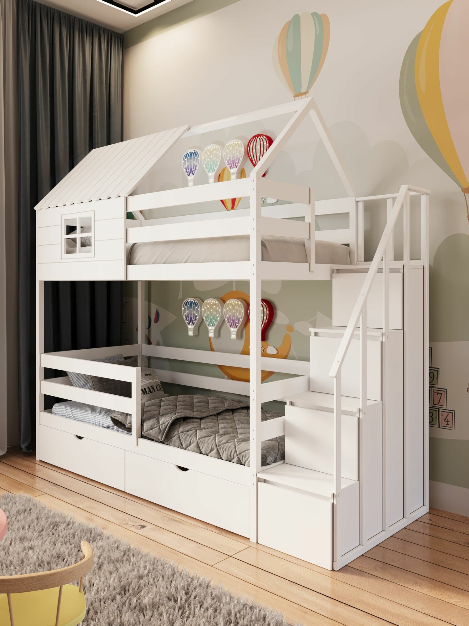 Кровать двухъярусная Домик с окном и выкатными ящиками 160х80 из березы, лестница комод