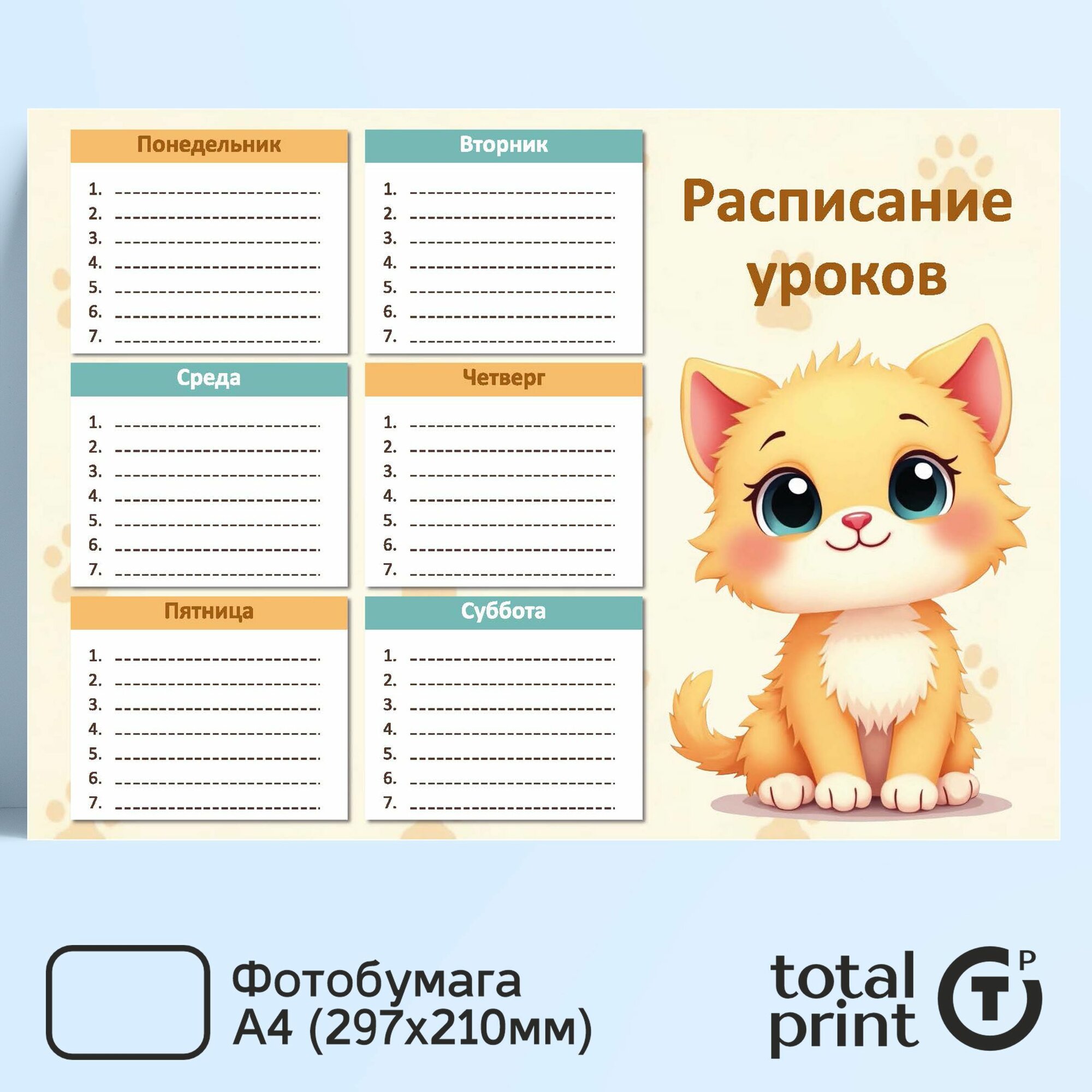 Школьное расписание уроков кот, А4, TotalPrint