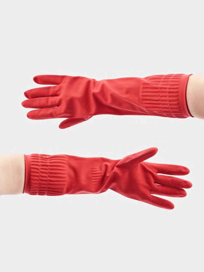 Перчатки хозяйственные Доляна, размер M, 38 см, длинные манжеты, латексные, красные