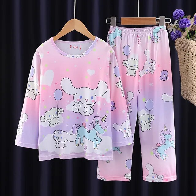 Милый детский пижамный костюм Sanrio Cinnamoroll Hello Kitty, одежда для сна Kuromi Melody для девочек и мальчиков, осенний домашний костюм с длинными рукавами, подарки, Размер: 12 (115-125 см)