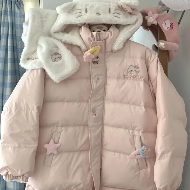 Милая куртка Sanrio Hello Kitty Cinnamoroll Pochacco из хлопка, утеплённая, с пуховиком, женская куртка, топ, подарок, Размер: L