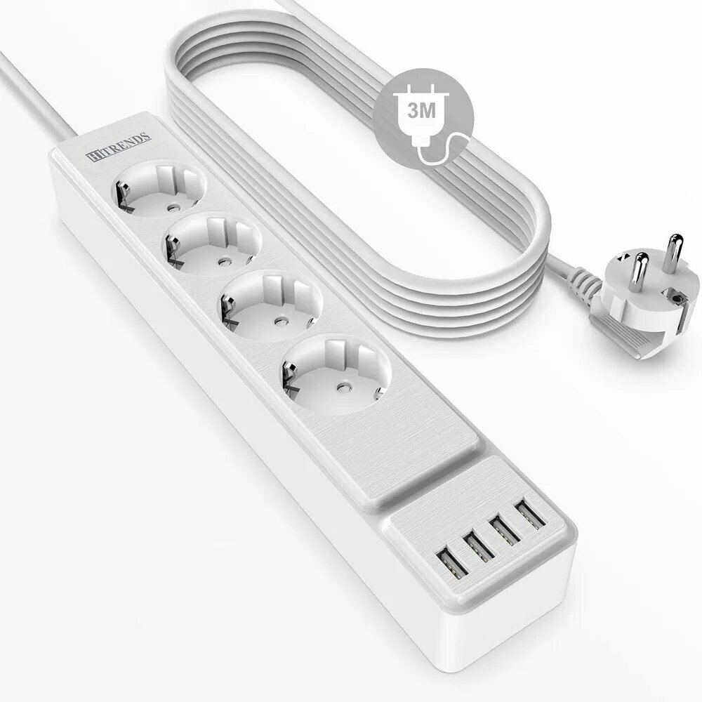 HITRENDS белый компактный сетевой фильтр Евророзетка 4 отверстия +4 USB удлинитель 3м