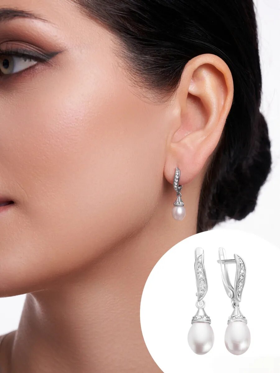 Серьги, серебро, 925 проба, родирование, жемчуг культивированный