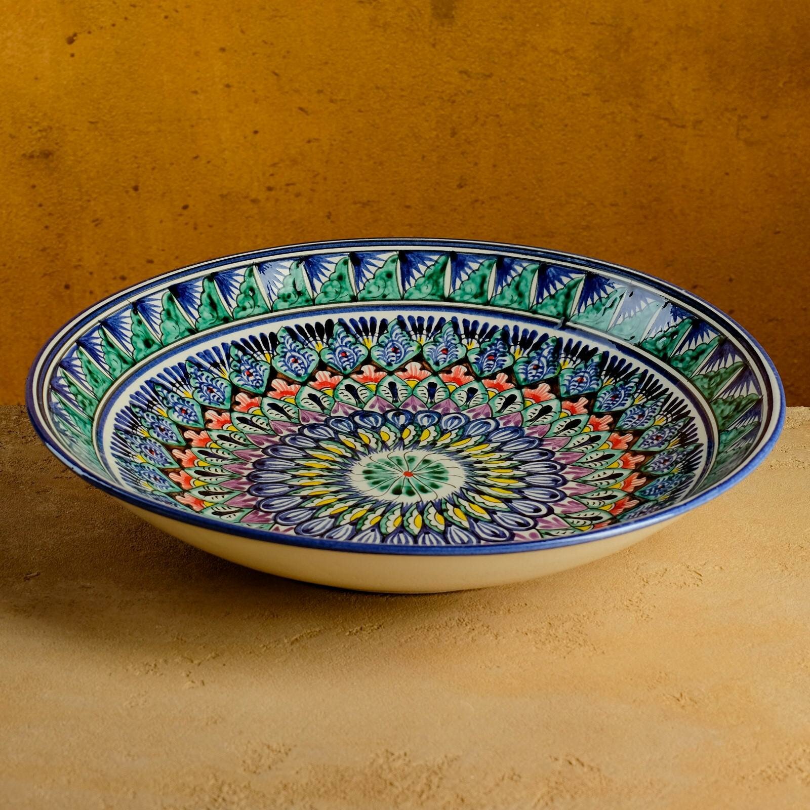 Ляган узбекский Риштанская Керамика «Узоры», d=33 см, глубокий, синий