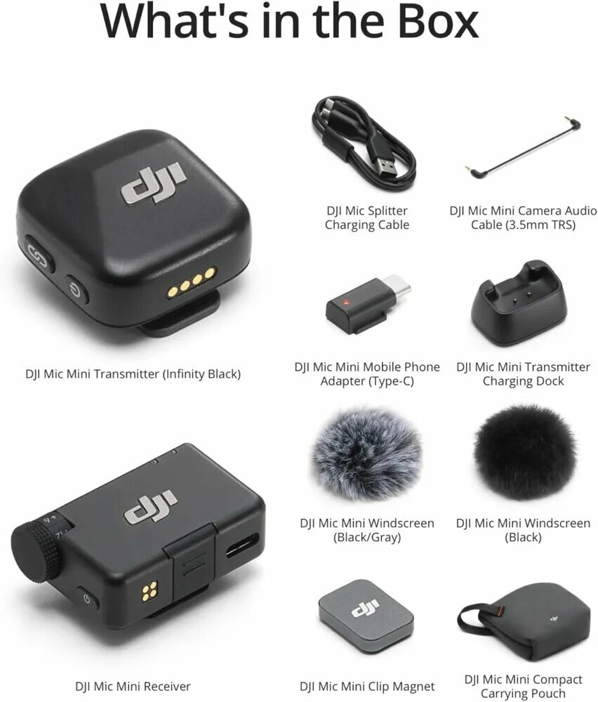 DJI Микрофон DJI Mic Mini (1 передатчик + 1 приемник), беспроводной петличный микрофон для iPhone/камеры/Android, сверхлегкий, детальный звук, шумоподавление, автоматическое ограничение, черный матовый
