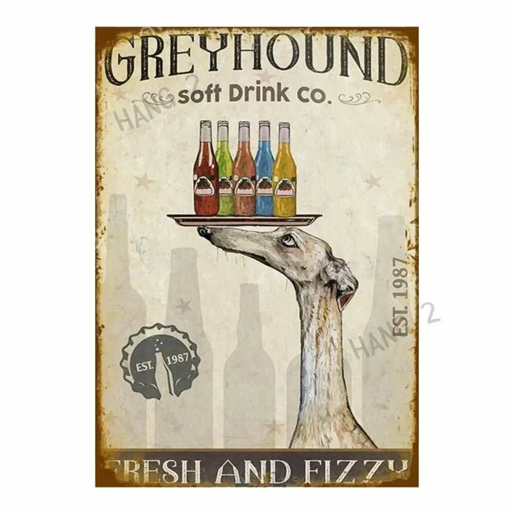 Табличка грейхаунд с напитками "Greyhound soft Drink co.", ретро стиль, металл, декор для интерьера, 20х30 см.