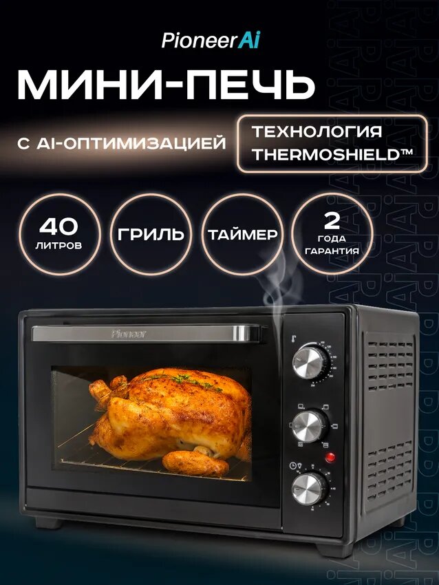 Мини-печь электрическая Pioneer MO5019G black с грилем, 2 года гарантии